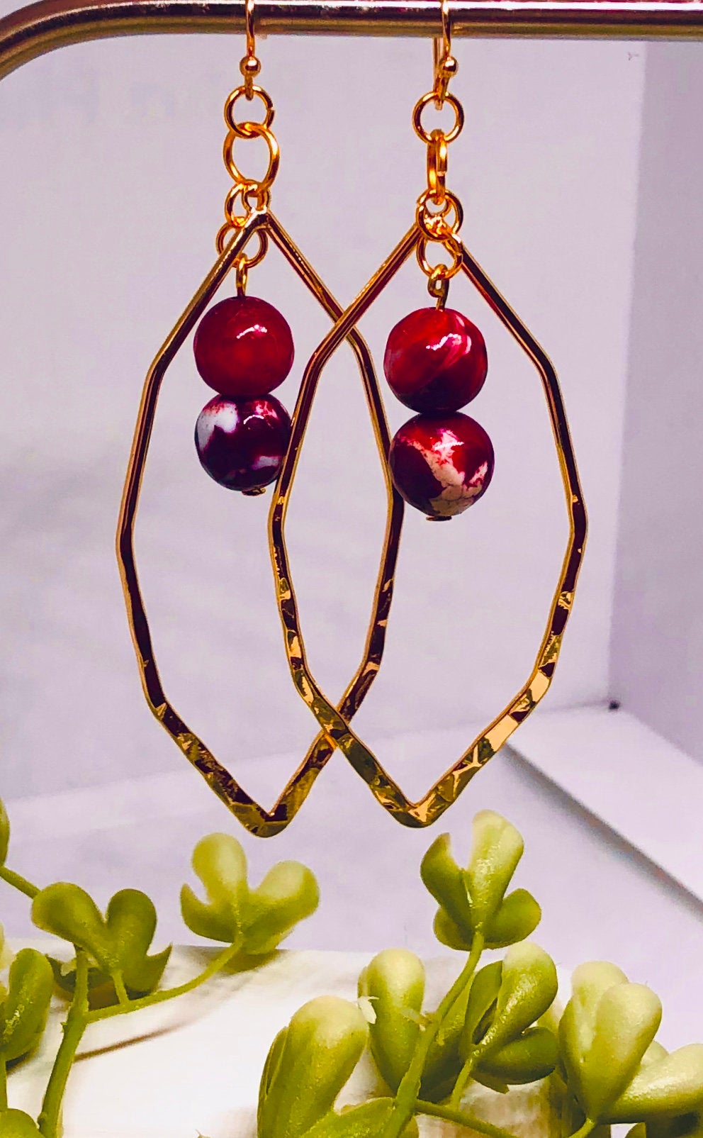 Gold Hammered Leaf Hoop Dangle Earrings, Burgundy Hematite Beads ...